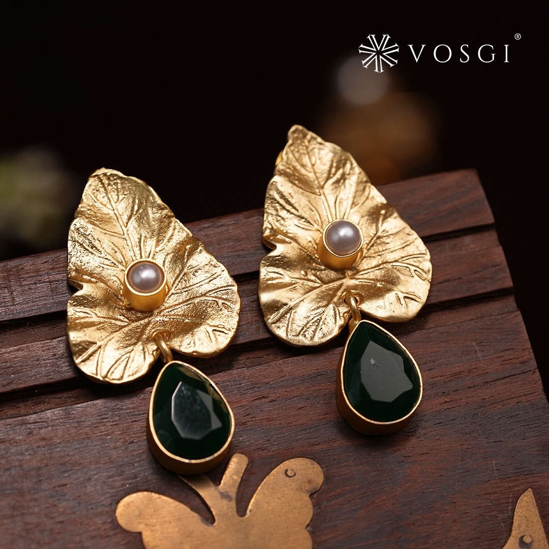 Gold Toned Leaf Earrings (E-530) - vosgi