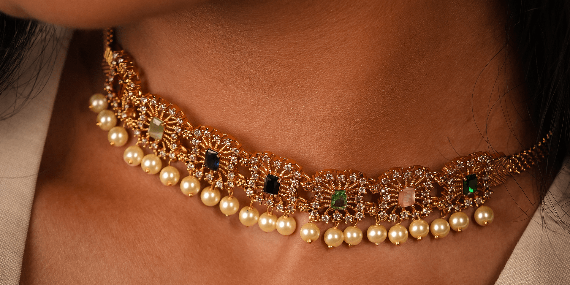 Pearl & Gemstone Choker (N-462) - vosgi